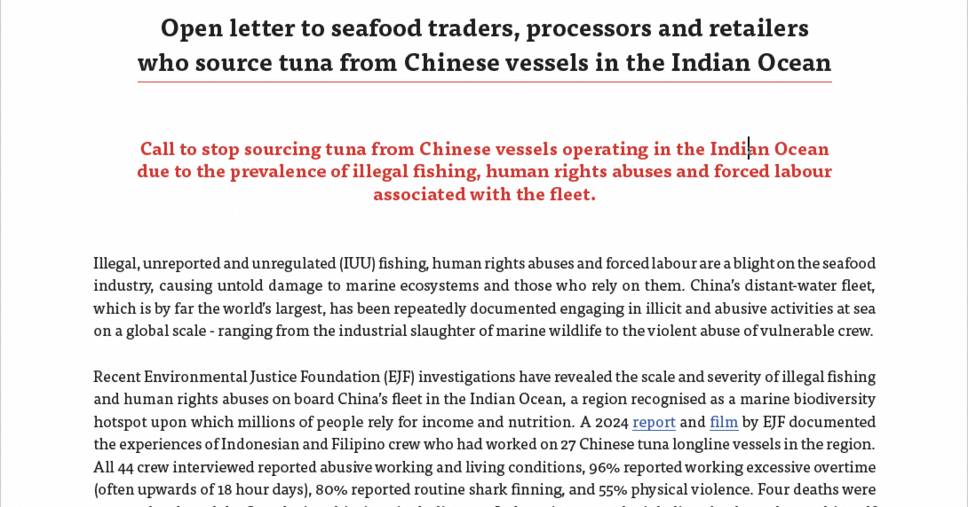 Environmental Justice Foundation | Open letter to seafood traders,…